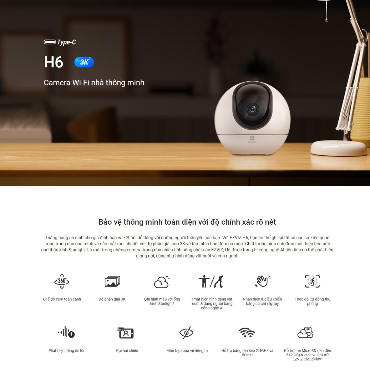 Camera Wifi EZVIZ CS-H6 (5WF-4MM) 5mpx CS-H6-R100-1J5WF - SHOP CÔNG NGHỆ 24H